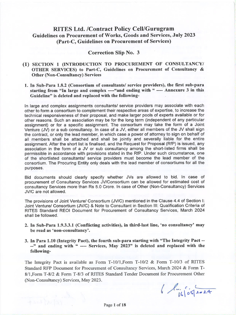 Correction Slip No. 3 To RITES Guidelines On Procurement of Works ...