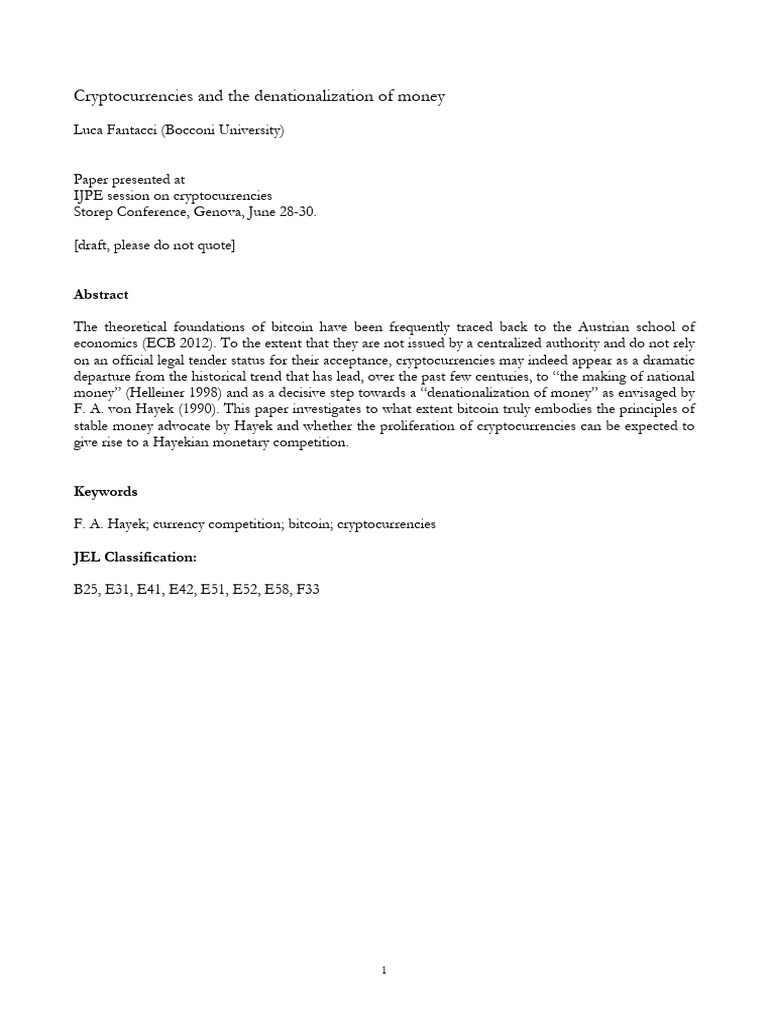 Cryptocurrencies and The Denationalization of Money | PDF | Money ...