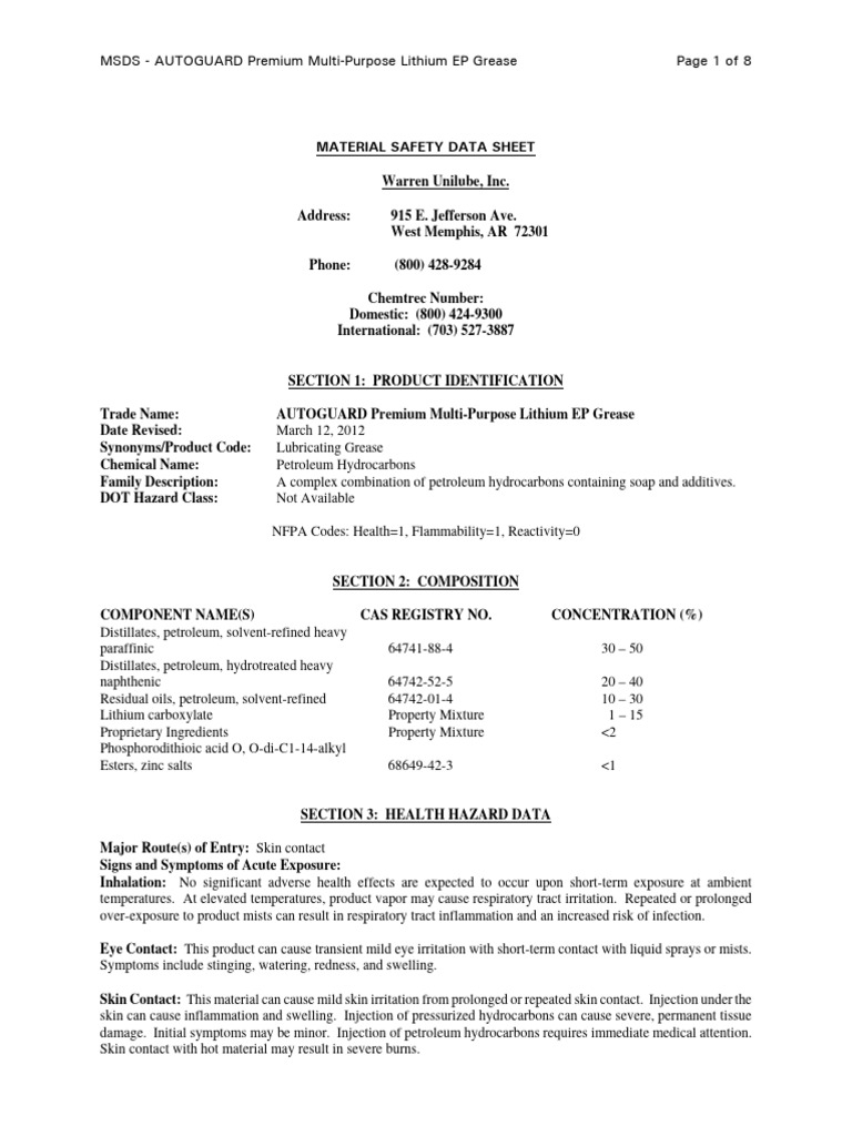 MSDS for AUTOGUARD Lithium EP Grease | PDF | Waste | Petroleum