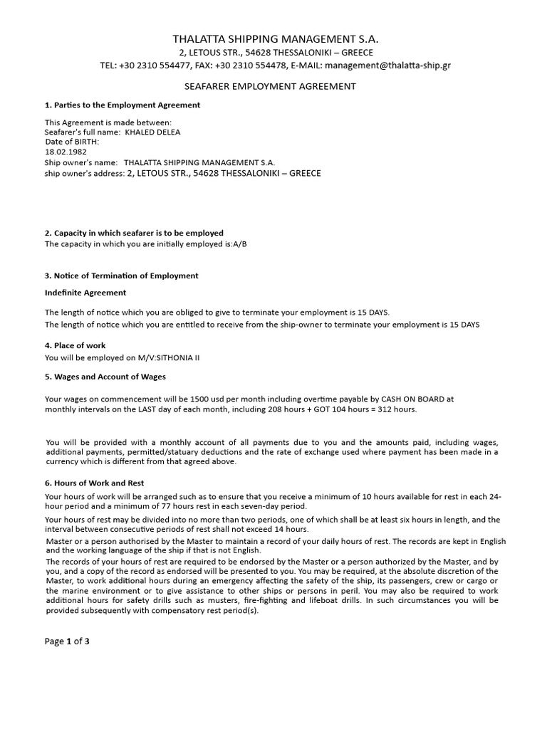 Seafarer Employment Agreement Details | PDF | Employment | Wage