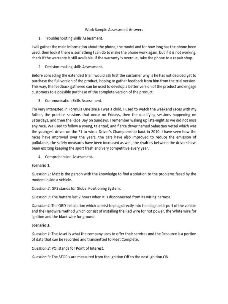 Work Sample Assessment Answers Pdf Formula One Motorsport