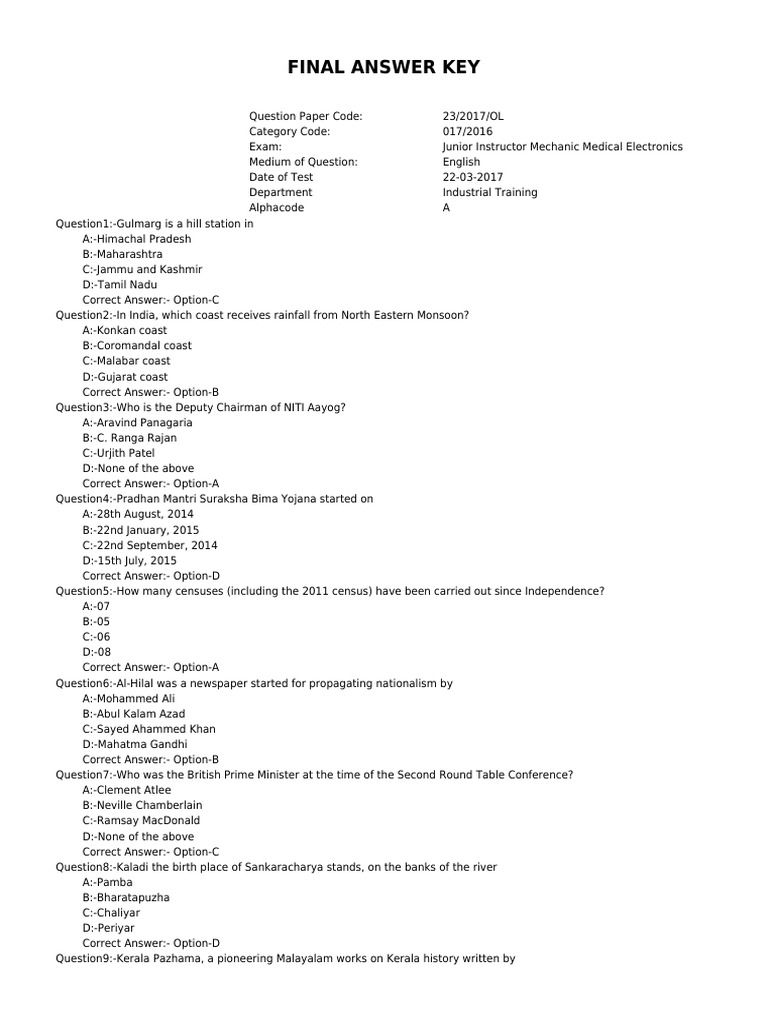 PSC Junior Instructor Mechanic Medical Electronics Solved Question ...