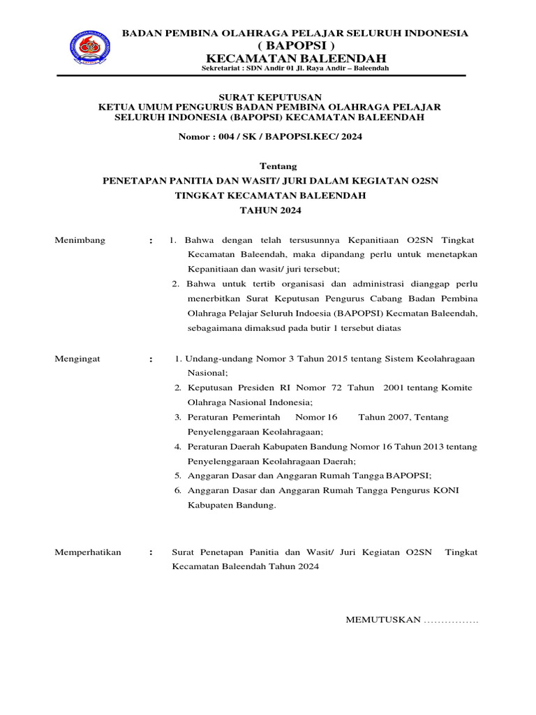 SK Penetapan Panitia O2SN Baleendah 2024 | PDF