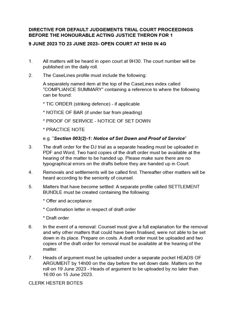 19 June - 23 June 2023 - Trial Defaults Judgement Roll Justice Theron | PDF
