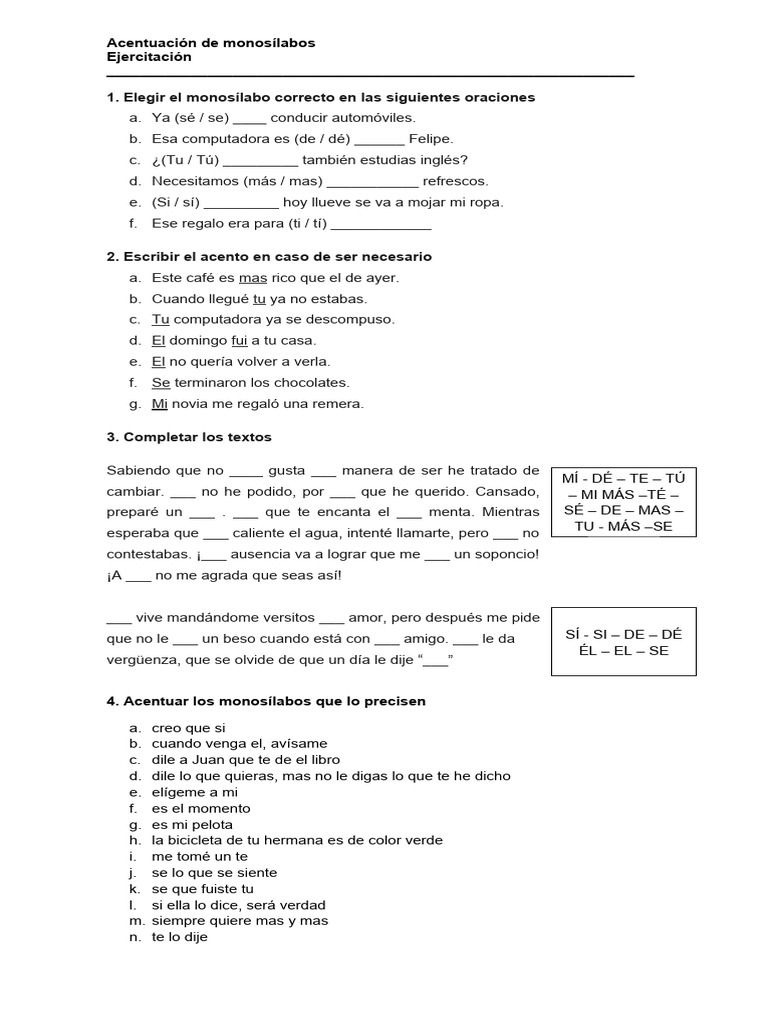 Acentuación de monosílabos: Ejercicios prácticos | PDF