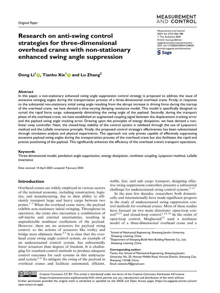 Anti-Swing Control for Overhead Cranes | PDF | Control Theory | Mechanics