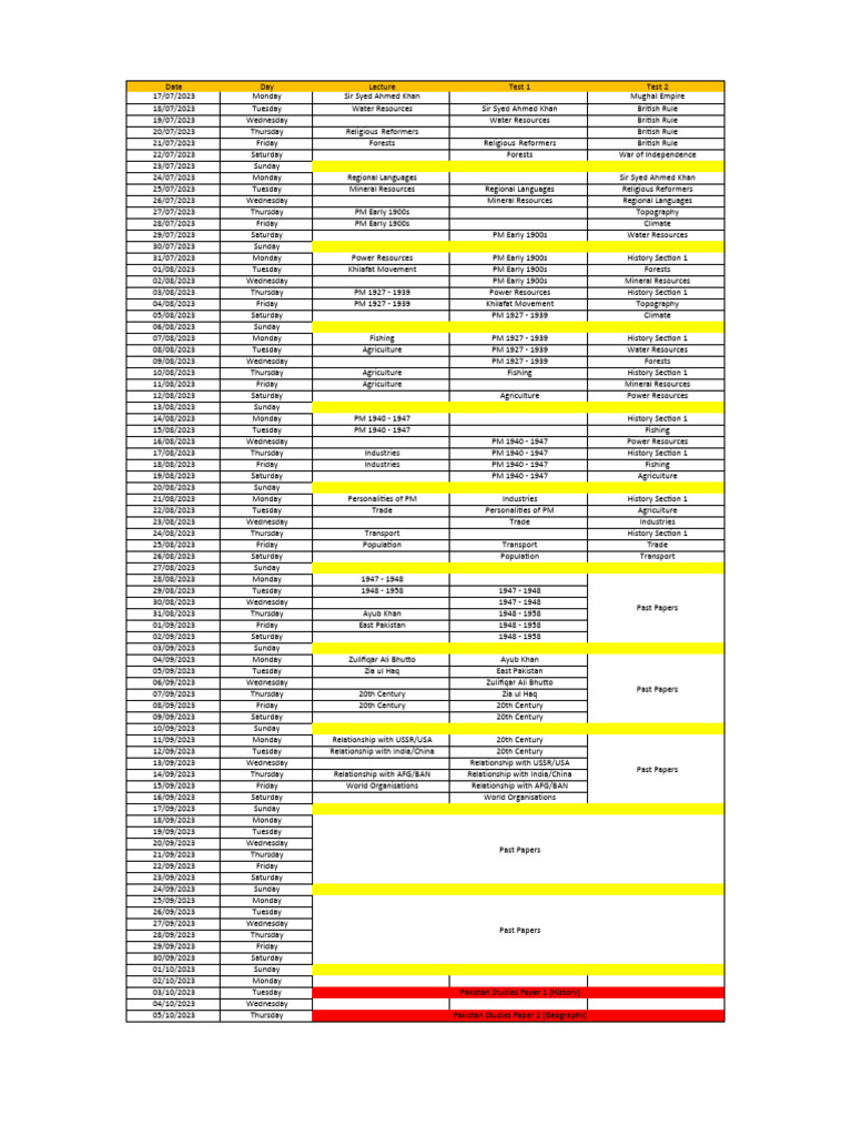IG Pak-Studies Study Schedule | PDF | Muhammad Zia Ul Haq | Pakistan