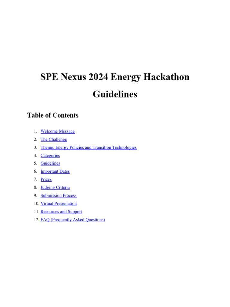 SPE Nexus 2024 Energy Hackathon Guidelines | PDF | Policy | Innovation