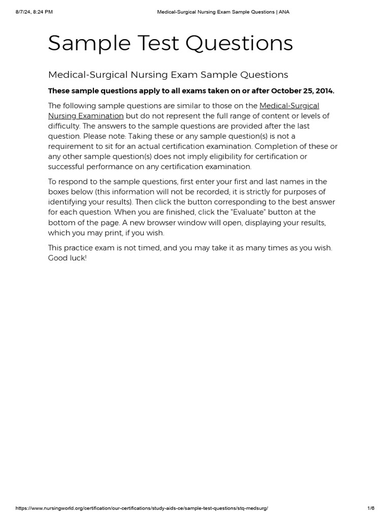 Medical-Surgical Nursing Exam Sample Questions - ANA | PDF | Nursing ...