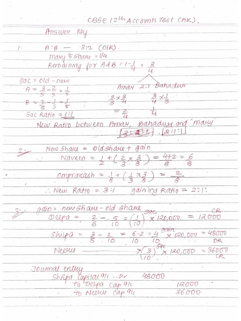12th Accounts Admission + Retirement Answer Key | PDF
