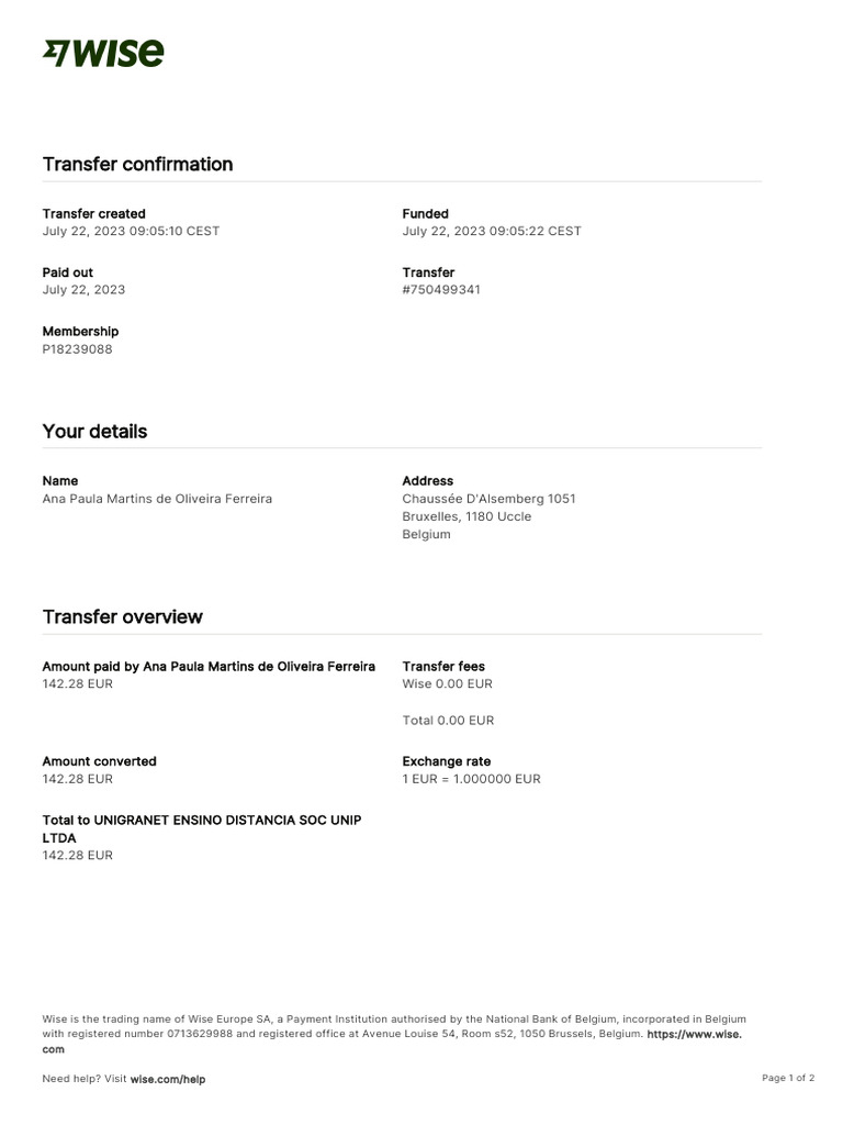Transfer Confirmation for Ana Paula Ferreira | PDF | Personal Finance ...