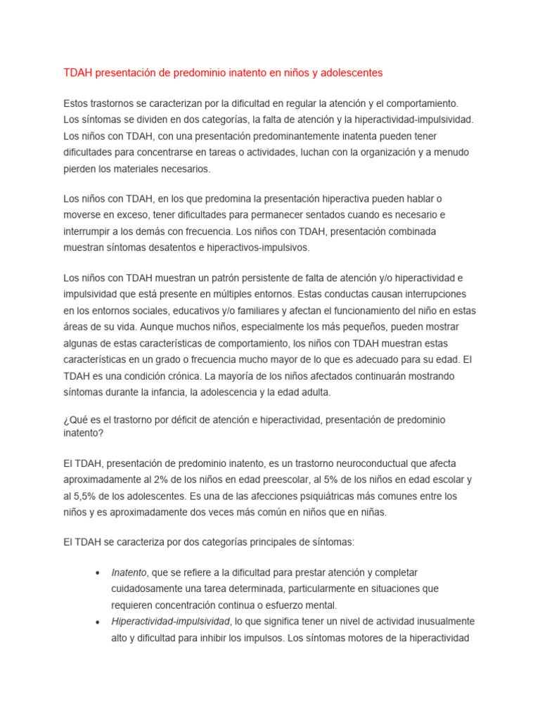 TDAH presentación de predominio inatento en niños y adolescentes | PDF ...