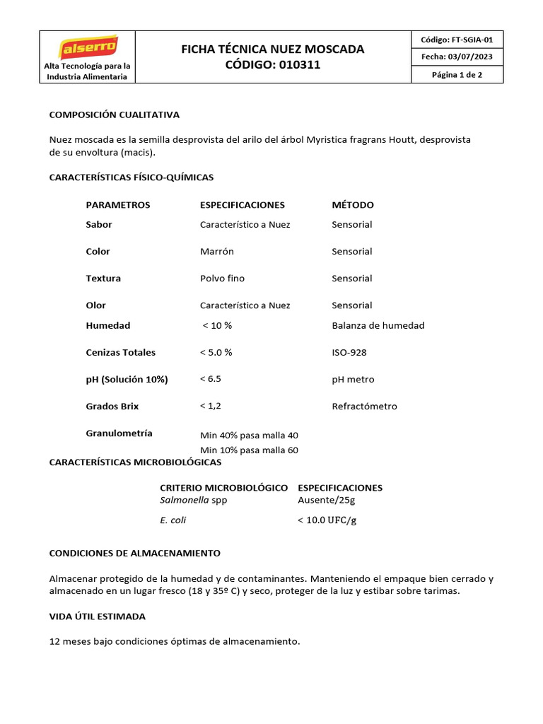 Fichas Técnicas Nuez Moscada | PDF