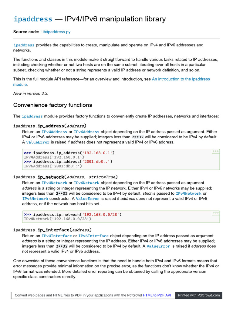 Docs Python Org 3 Library Ipaddress HTML | PDF | Ip Address | I Pv6