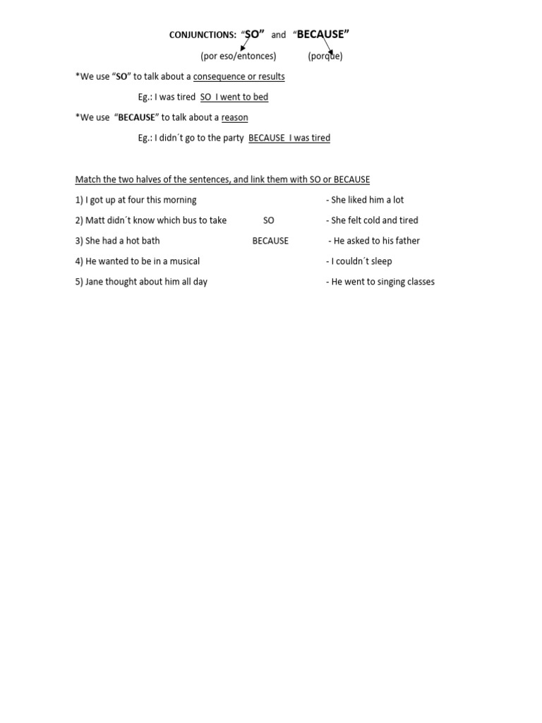 Using "SO" and "BECAUSE" in Sentences | PDF