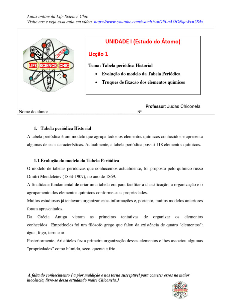 1.licção-1 (Aulas Online Da Life Science Chic | PDF | Átomos | Química