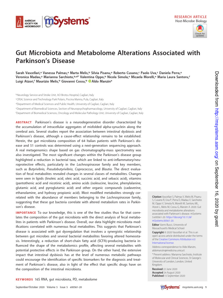 Gut Microbiota and Metabolome Alterations Associated With Parkinson's Disease | PDF ...