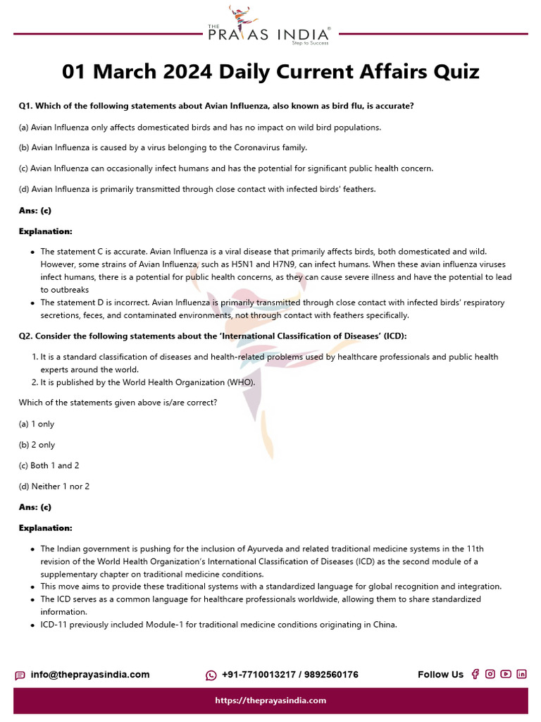 Daily Current Affairs Quiz - March 2024 | PDF | Avian Influenza | Influenza