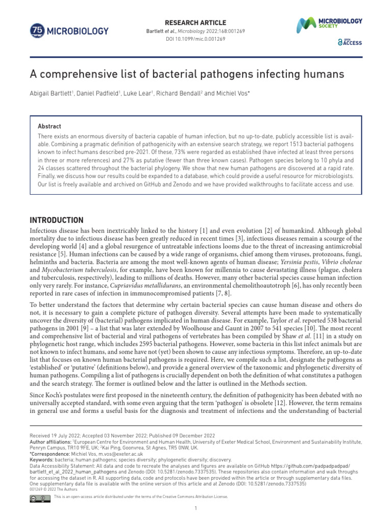 A Comprehensive List of Bacterial Pathogens Infecting Humans | PDF ...