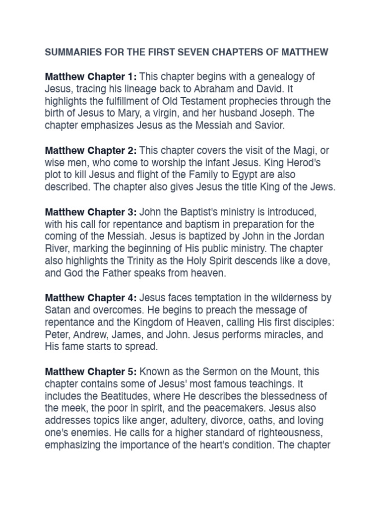 Summaries For The First Seven Chapters of Matthew | PDF | Gospel Of Matthew | Jesus