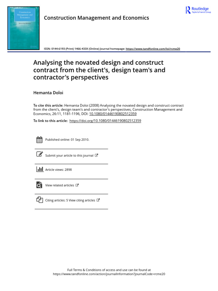 Analysing the novated design and construct contract (Hemanta Doloi) | PDF | Procurement | Employment