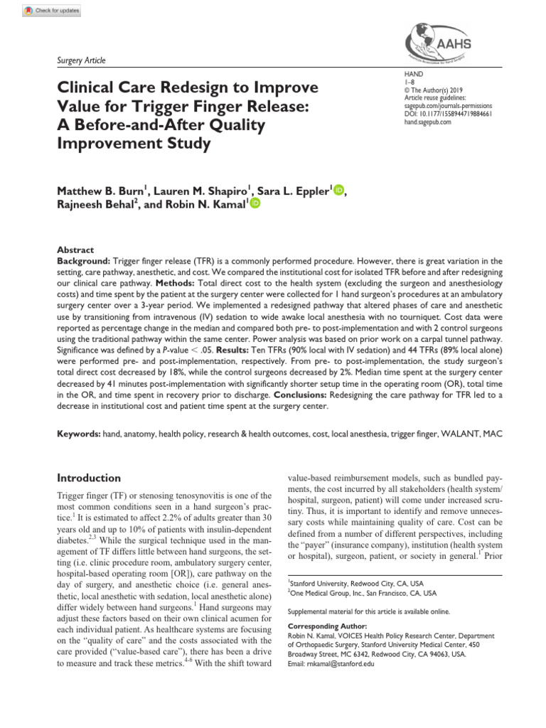 Clinical Care Redesign To Improve Value For Trigger Finger Release - A ...