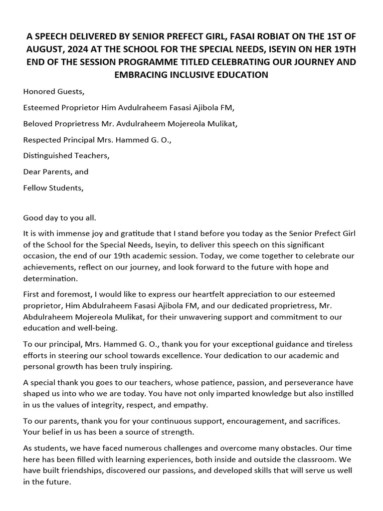A Speech Delivered by Senior Prefect Girl | PDF | Inclusion (Education ...