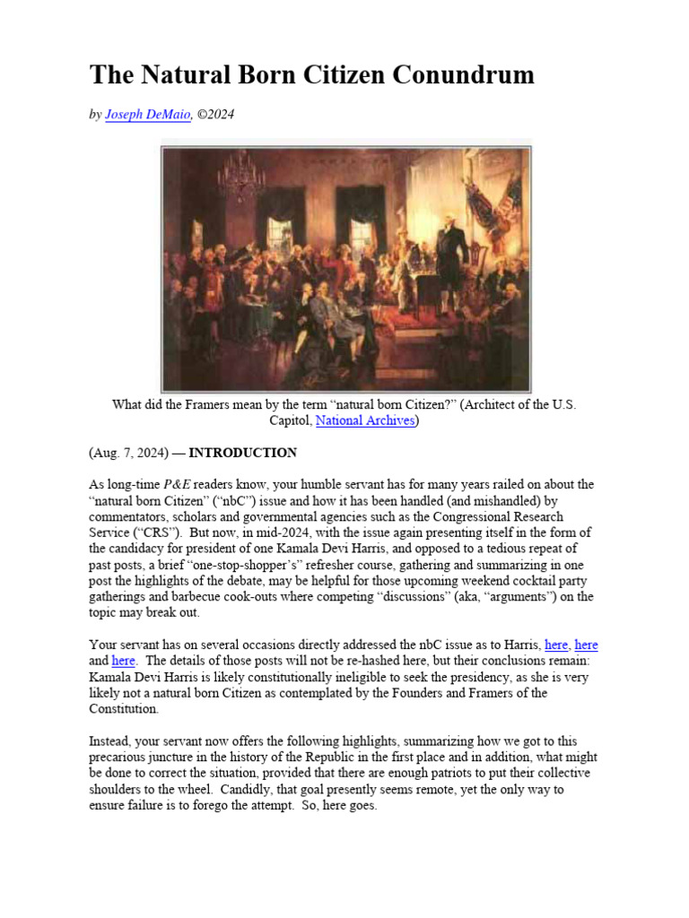 The Natural Born Citizen Conundrum - by Joseph DeMaio | PDF ...