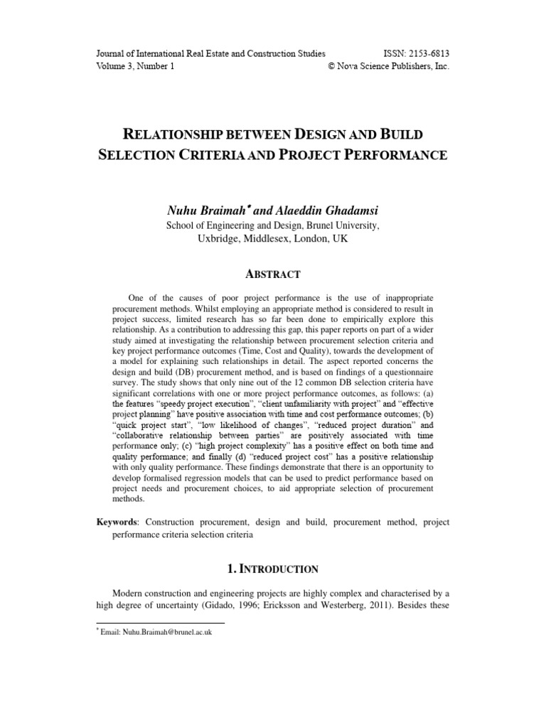 RELATIONSHIP BETWEEN DESIGN AND BUILD SELECTION CRITERIA AND PROJECT PERFORMANCE | PDF ...