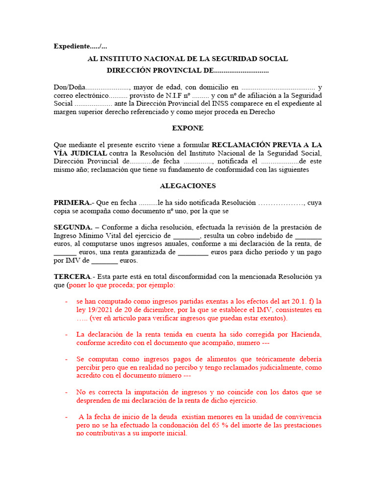 Modelo Reclamacion Previa Ante Revisión de Cuantia 2024 | PDF ...