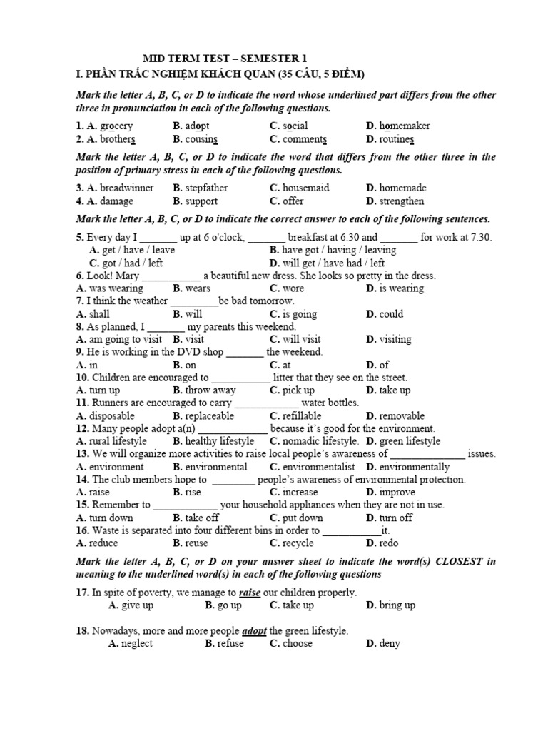 Ktra Gi A Kì 1 - 10 | PDF | Housewife