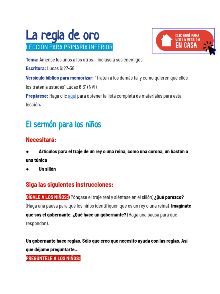 La Regla de Oro - Leccion para Primaria Inferior | PDF | Amor | Oración