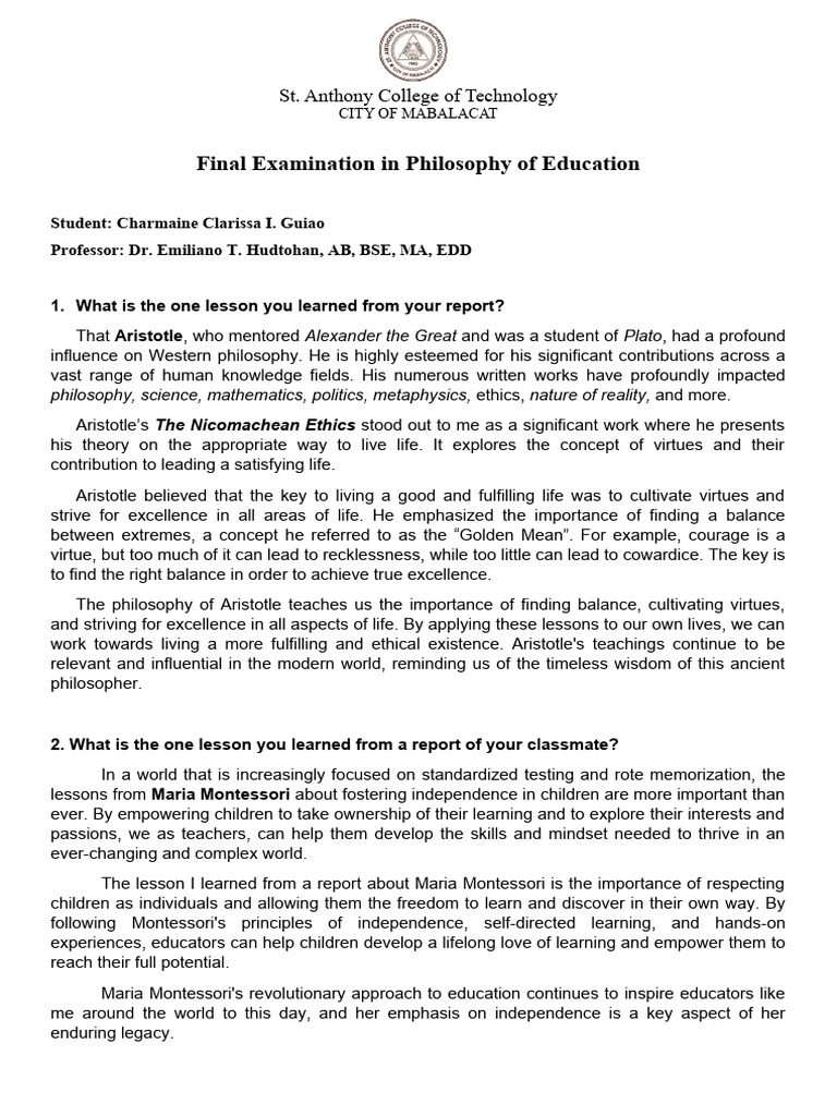 Final Exam - Philosophy of Educ - Charmaine Clarissa Isip-Guiao | PDF ...
