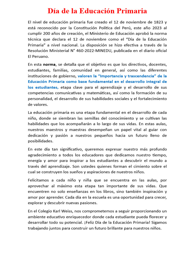 Celebrando el Día de la Educación Primaria | PDF