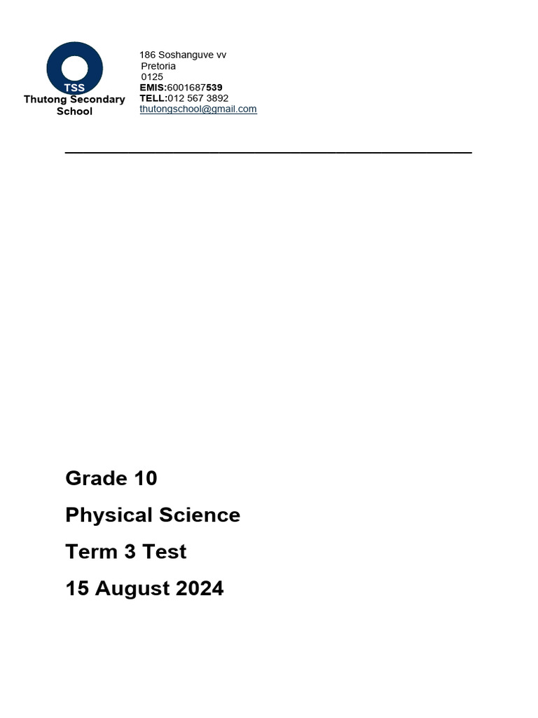 Grade 10 Physical Science Term 3 Test | PDF | Teaching Methods ...