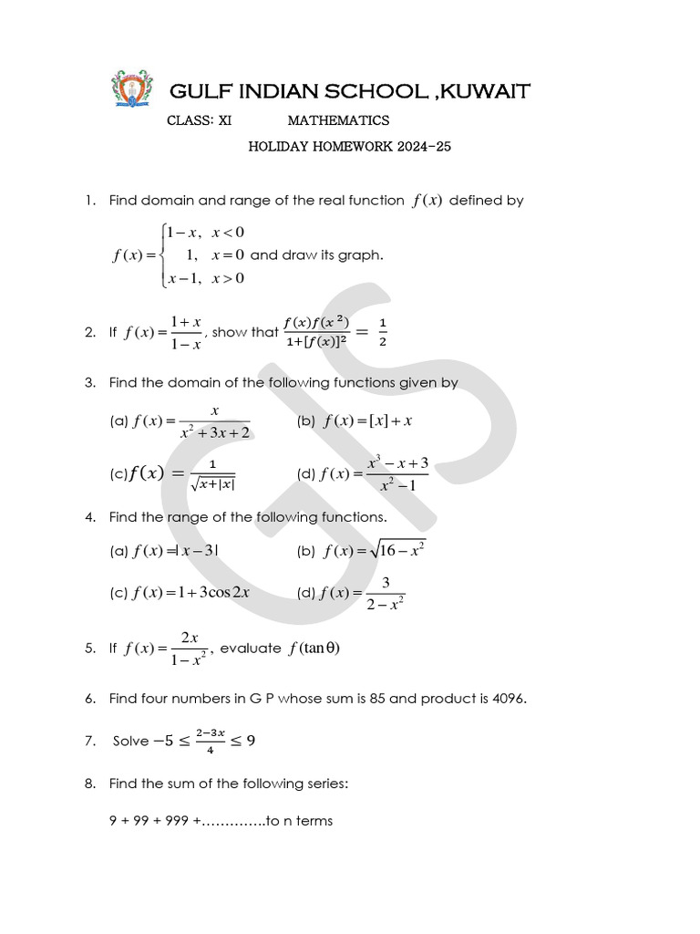 Class XI Math Holiday Homework | PDF | Function (Mathematics) | Trigonometric Functions