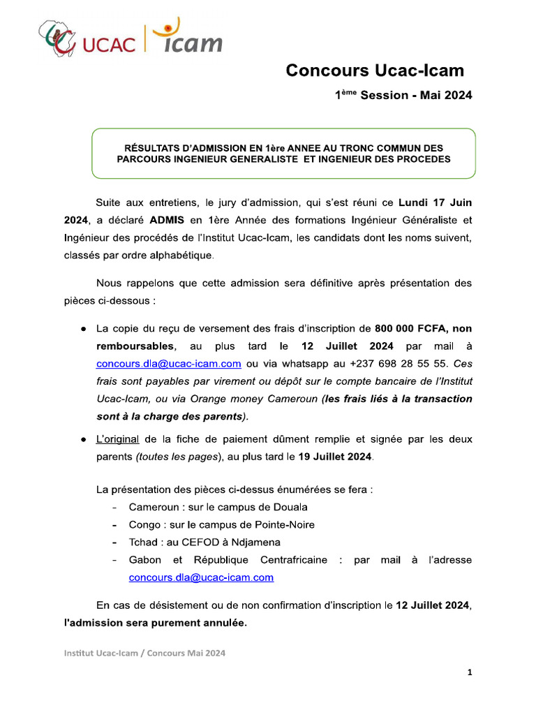 TC Resultats 1er Concours Ucac Icam Mai 2024 1 | PDF