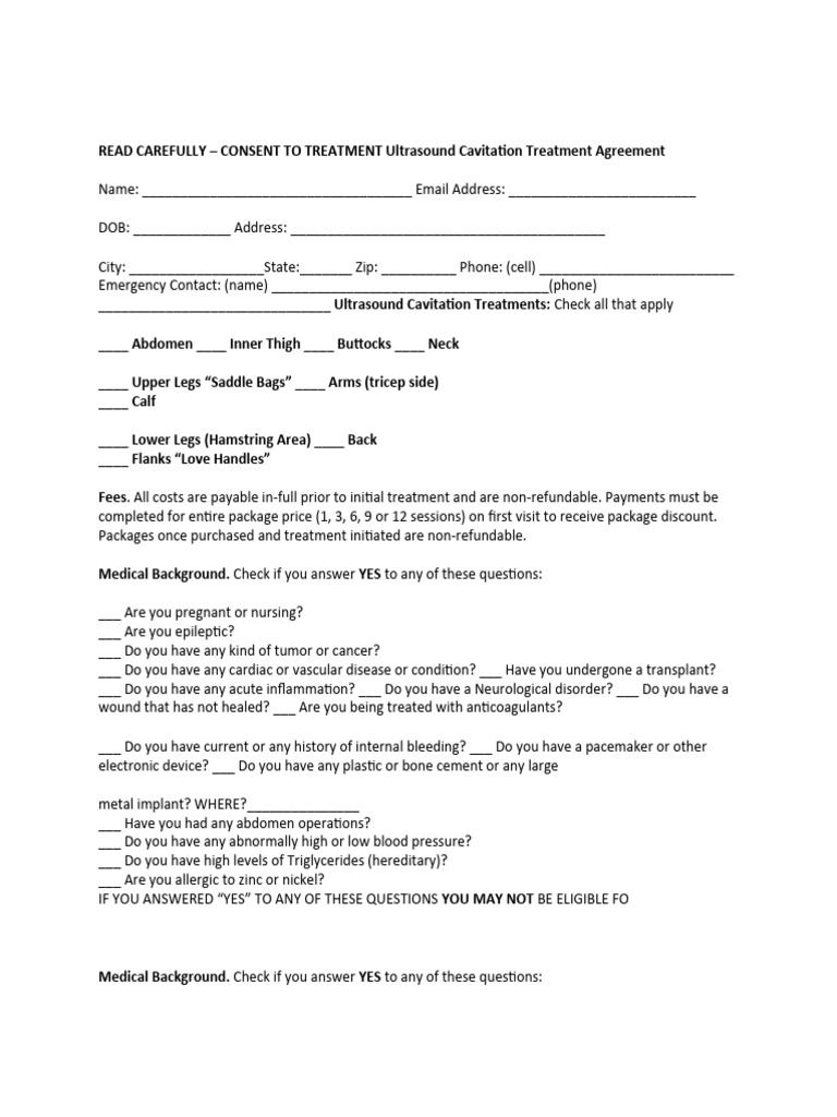 Ultrasound Cavitation Treatment Consent Form | PDF | Implant (Medicine ...