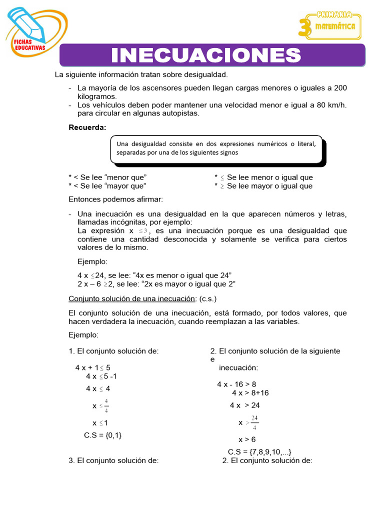Inecuaciones para Tercero de Primaria | PDF