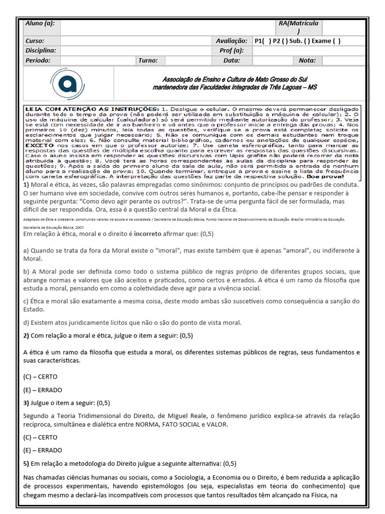 Modelo Prova | PDF | Moralidade | Sociologia