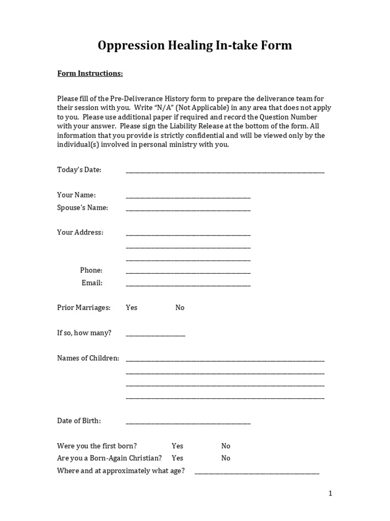 Oppression Healing In-Take Form | PDF | Deliverance Ministry ...