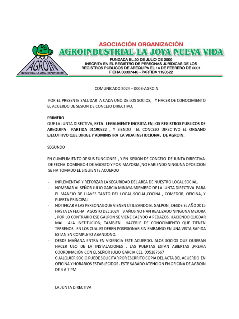 Comunicado 003 2024 Acuerdo | PDF