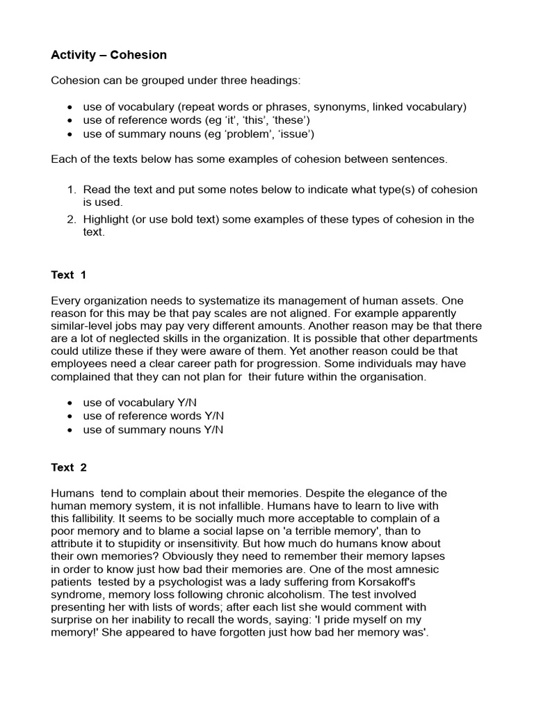 Activity-Cohesion 240404 100215 2 | PDF | Memory | Vocabulary