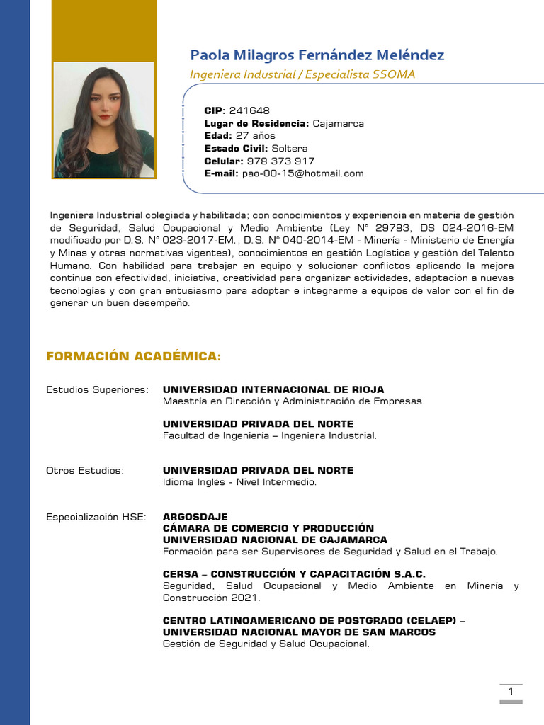 CV Paola Fernadez - 2023 | PDF | Andamio | Ingeniería Industrial