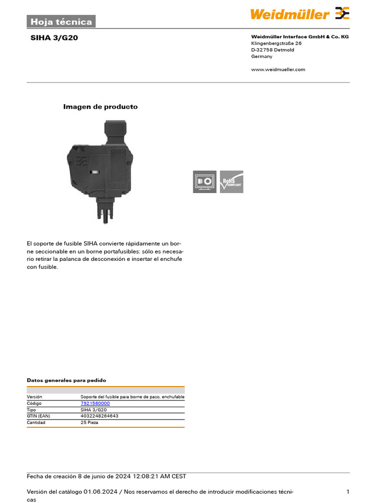 Soporte Fusible SIHA 3/G20 Weidmüller | PDF | Ingenieria Eléctrica ...