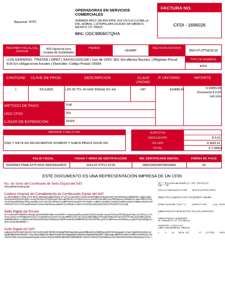 Factura CFDI 1696026 PDF | PDF