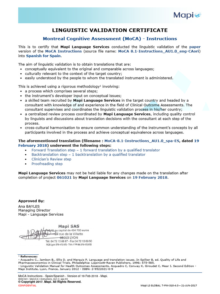 MoCA 8.1 Instructions AU1.0 Spa ES CoT | PDF | Translations | Cognitive Science