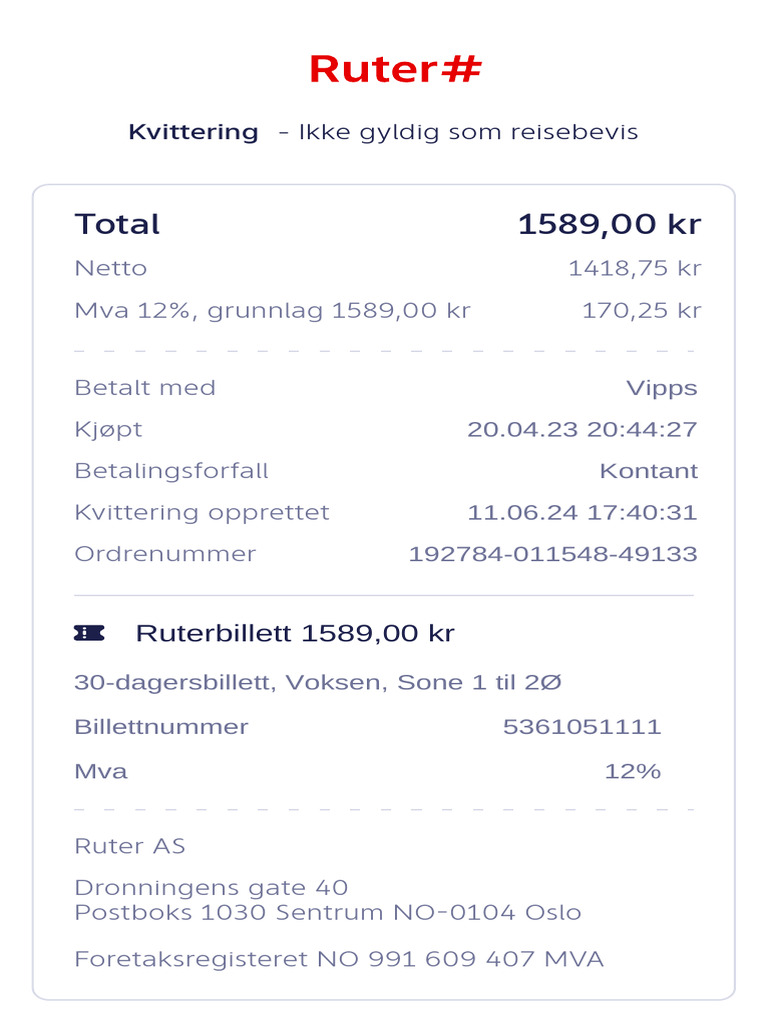 Ruter Kvittering 20.04 | PDF
