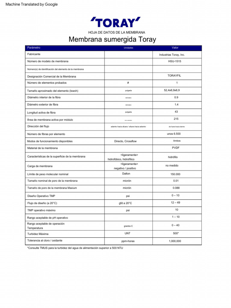 Toray Membrane Data Sheet - Hsu-1515 - 110311 | PDF