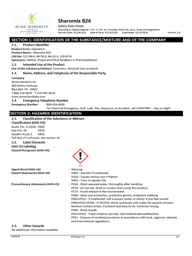 Sharomix 824 SDS | PDF | Toxicity | Personal Protective Equipment
